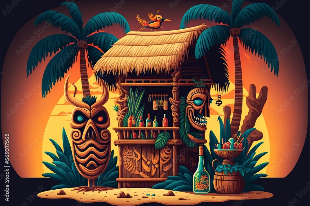cartoon illustration, wooden tiki bar hut with tribal drinks and snacks ...