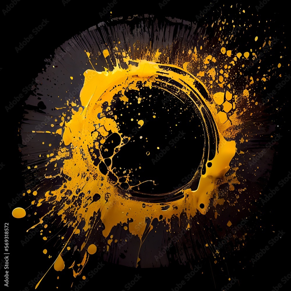 Yellow paint circle splash isolated on black background. Yellow color ...