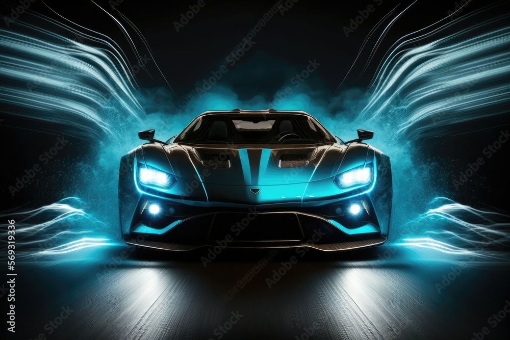 3D Speeding sports car on highway. Powerful acceleration of a supercar ...