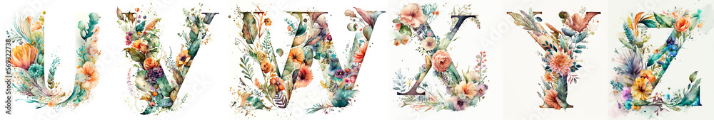 Alphabet, floral set letters with watercolor painting flowers roses and ...