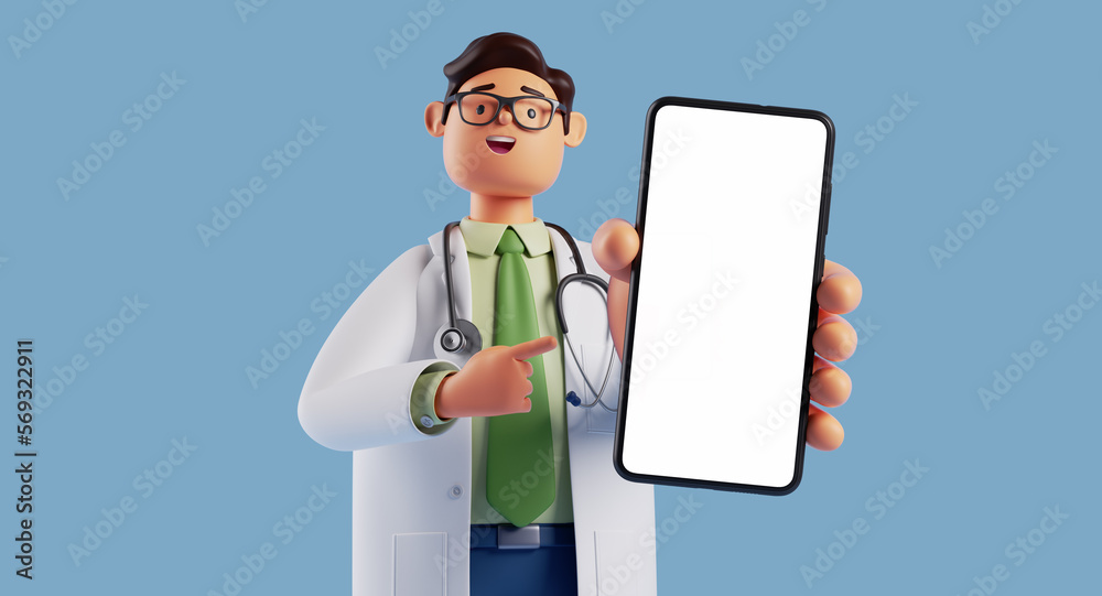 3d render, smart doctor cartoon character talking, wears white coat and ...