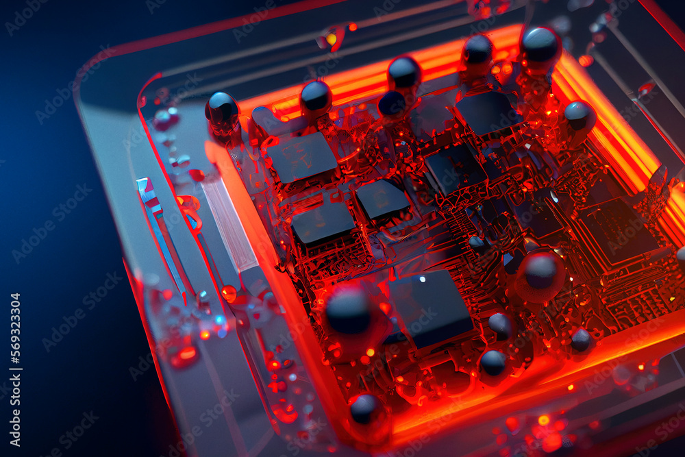 Quantum computer electronics, PCB, computer chips and processors close ...