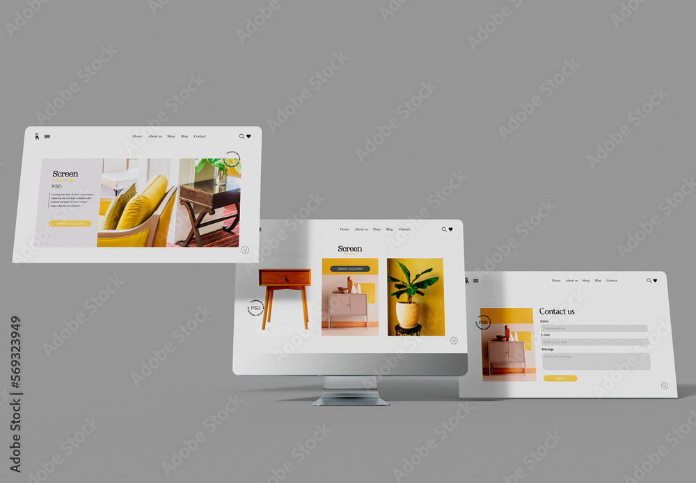 Computer with Two Floating UI Screen Mockup Stock Template | Adobe Stock