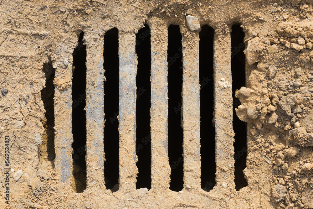 Manhole drain system grate. Urban sewer background. Metal drain cover ...