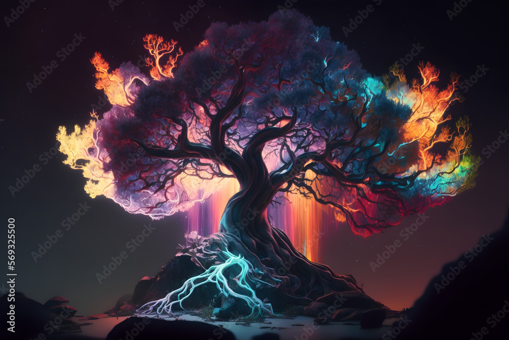 Yggdrasil with Aurora Polar Lights. 3D Illustration of World Tree and ...