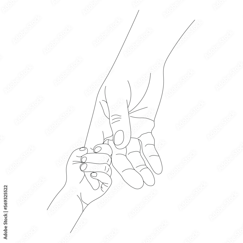 contour to the child holds the father by the finger in line art style ...