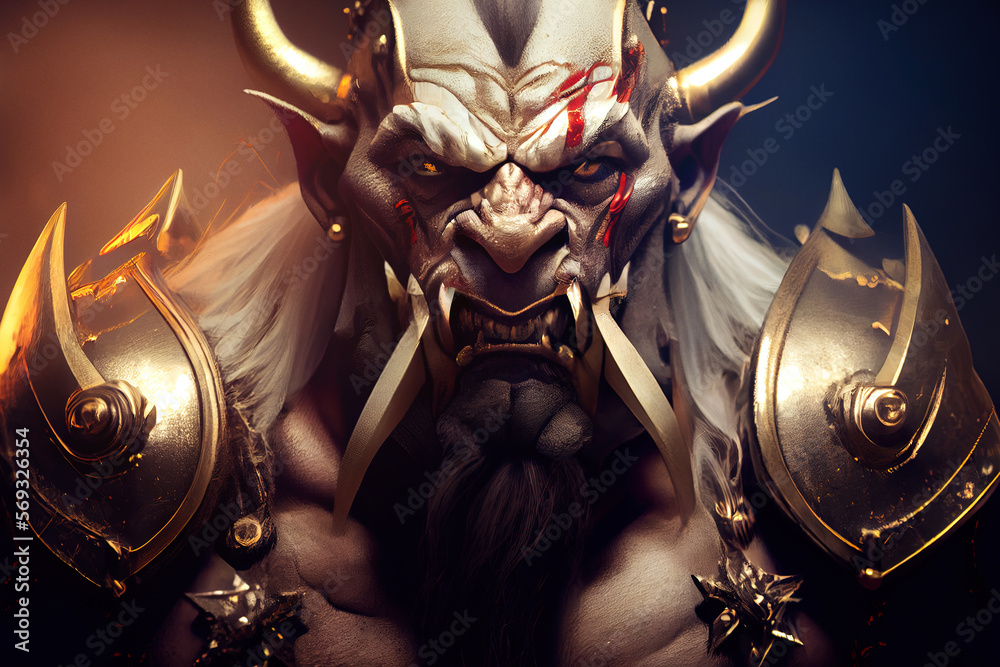 Angry orc warrior with tusks in armour portrait. Cinematic lights ...
