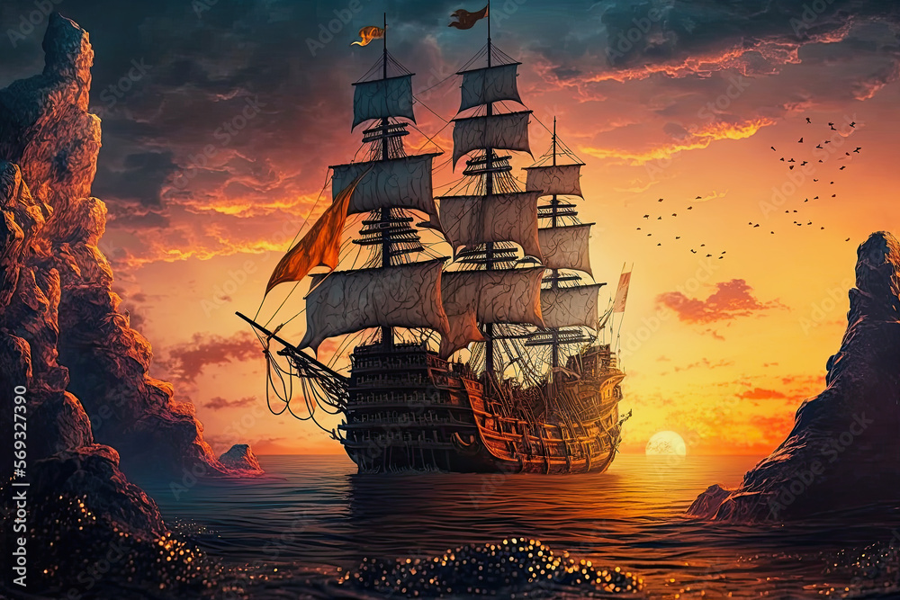 ai generative fantasy illustration of pirate ship in the ocean during ...