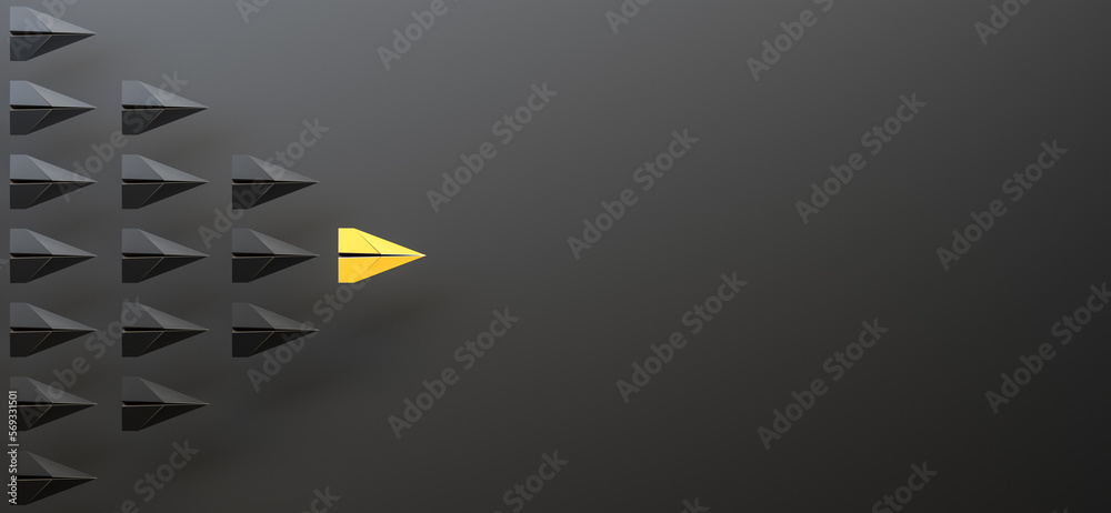 Leadership concept, yellow leader plane leading black planes, on black ...