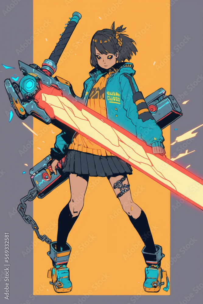 Anime style illustration of a girl with huge cyber sword. Character ...