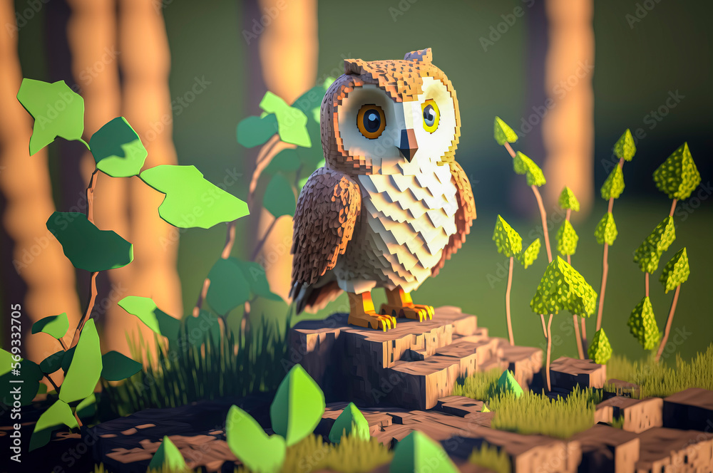 Owl, animals made of 3d cubes, voxel illustration for video games or ...