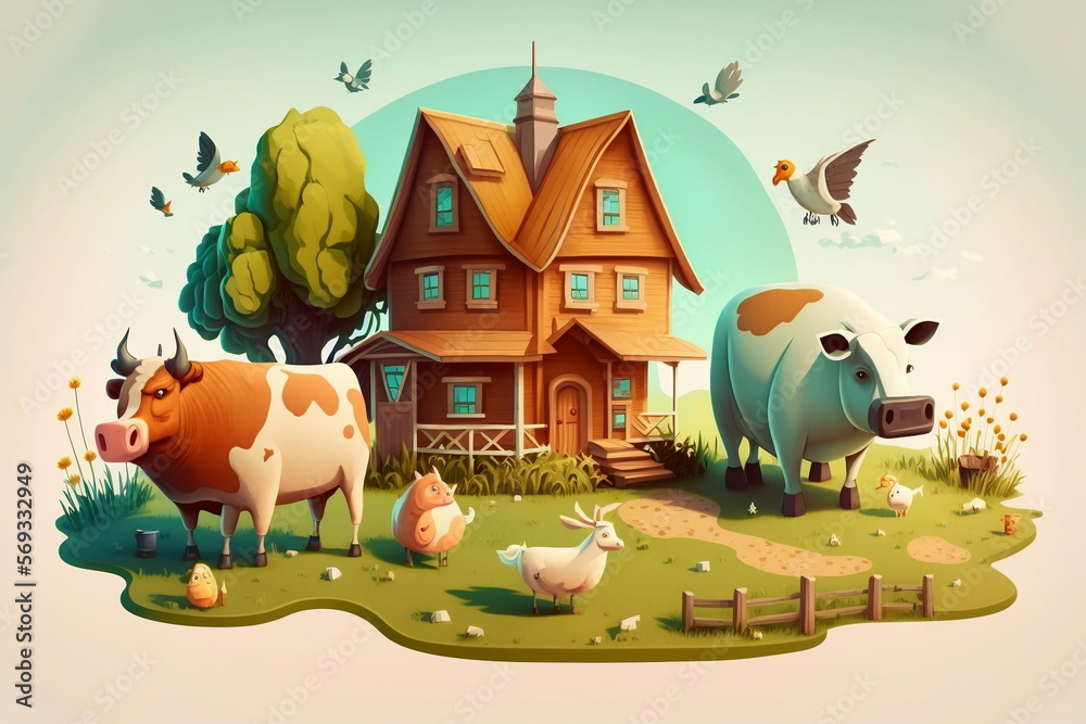 Cute Farm House with Farm Animals Cows Pig Chicken Cartoon Children ...