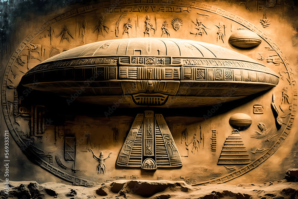 Old Egyptian hieroglyphs with UFO Aliens on ancient background. Concept ...