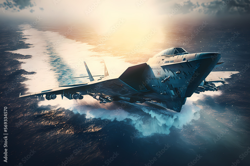 Warship and fighter jets in air on secret mission. Military navy ship ...