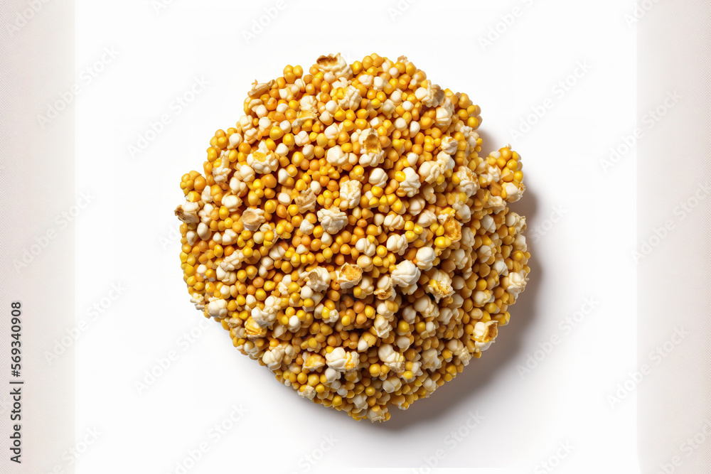 Popcorn kernels that are dry and in the top perspective, isolated on a ...