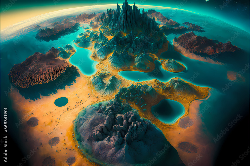 Cartographic Map of Alien Landscape with Blue Oceans and Mountains ...