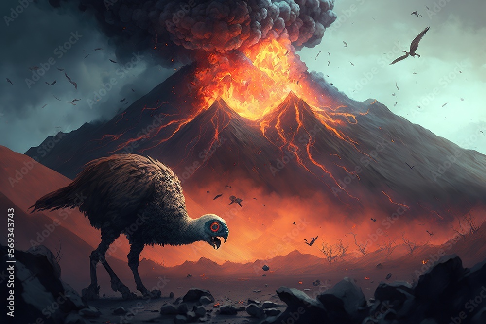Volcanic eruption and fleeing animals, concept of Ash Cloud and Lava ...