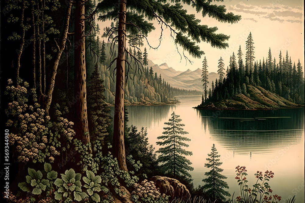 Vintage wallpaper of forest landscape with lake, plants, trees, birds ...