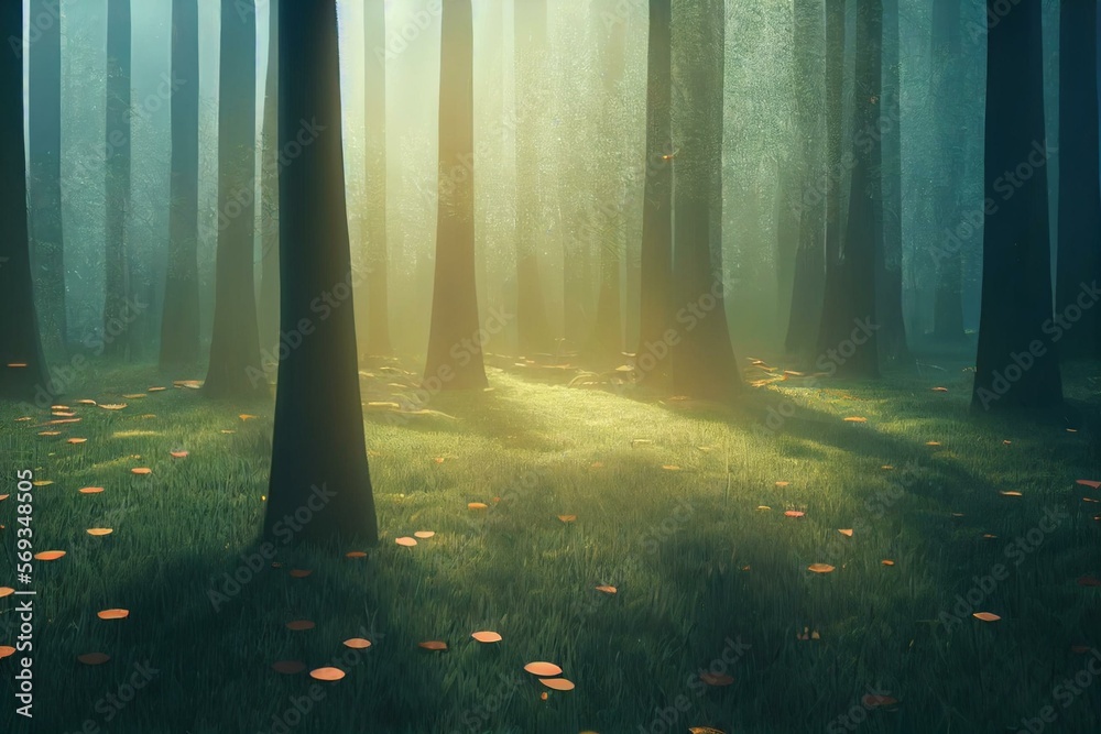 Fantasy fairy-tale magical forest, sunny evening light through the ...