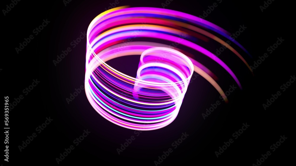 Motion graphics, sci-fi bg. Stream of multicolor neon lines form spiral ...