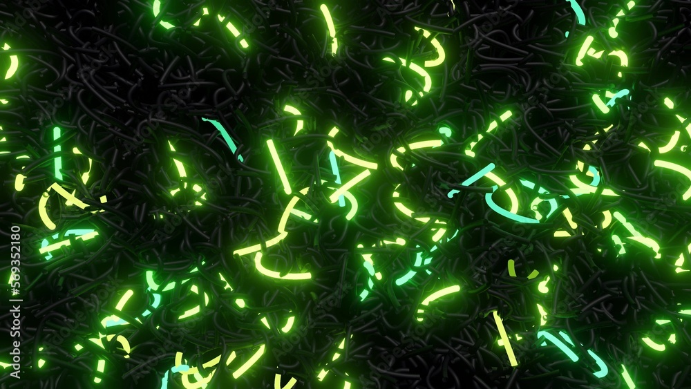 3d abstract background with neon light, green flashes of light bulbs of ...