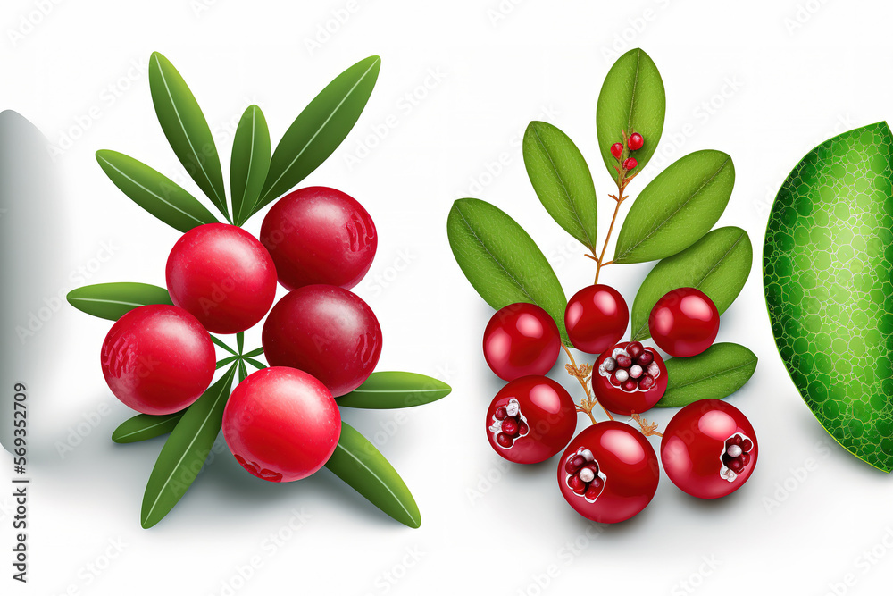 Cranberries, both fresh and dried, presented on a white background ...