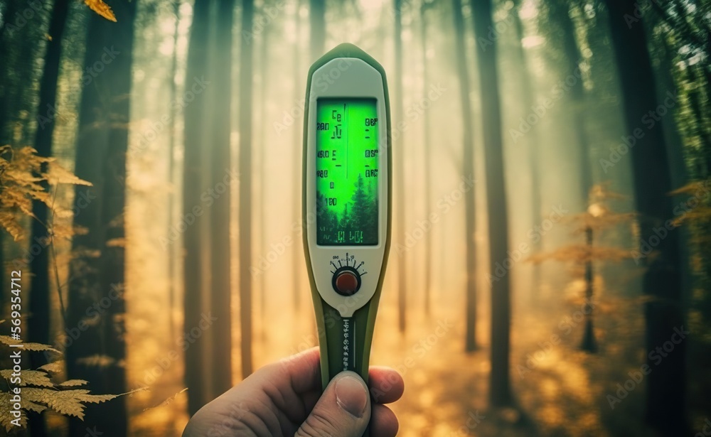 Person holding a thermometer measuring temperature in a forest, concept ...