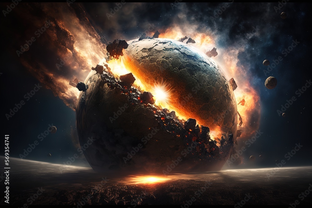 Burning exploding asteroids approaching planet earth. AI Stock ...