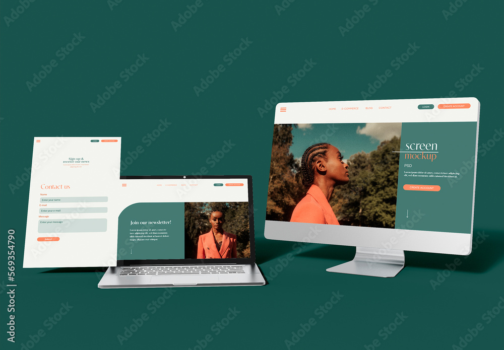 Computer and Laptop with Web Page Screens Mockup Stock Template | Adobe ...