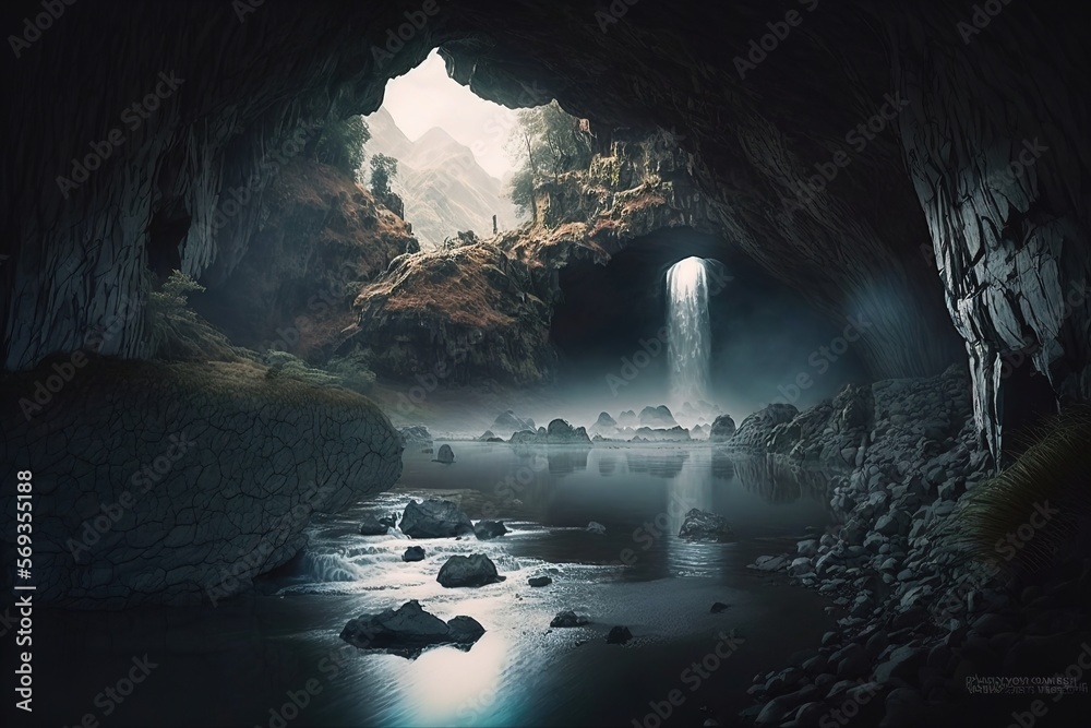 Illustration of underground lakes in a cave. Crystal clear water ...
