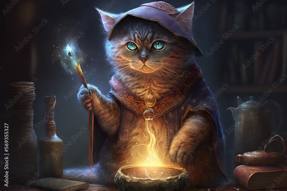 Wizard Cat doing magic. Generative AI 素材庫插圖 | Adobe Stock