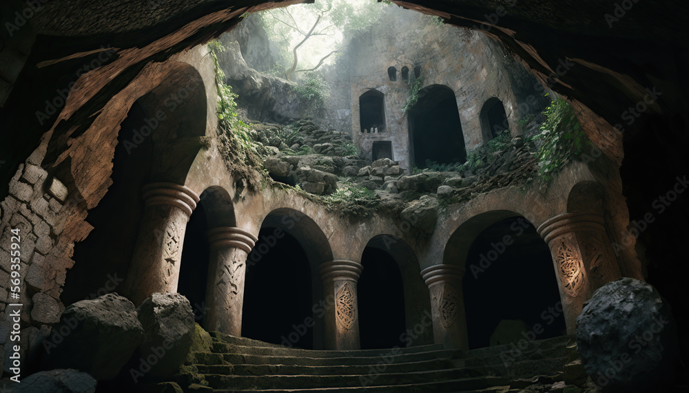 an ancient cave in ruins with an open roof that lets in sunlight. a ...