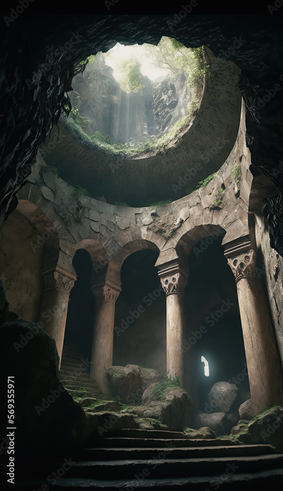 an ancient cave in ruins with an open roof that lets in sunlight. a ...