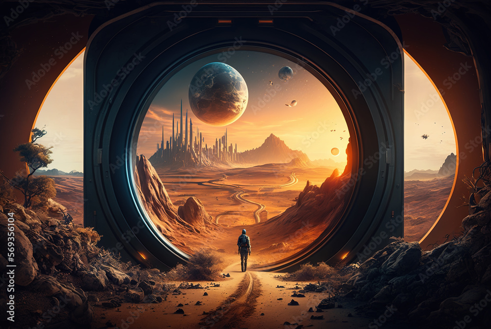 Metaverse and fantasy concept, man visits virtual fantastic World ...