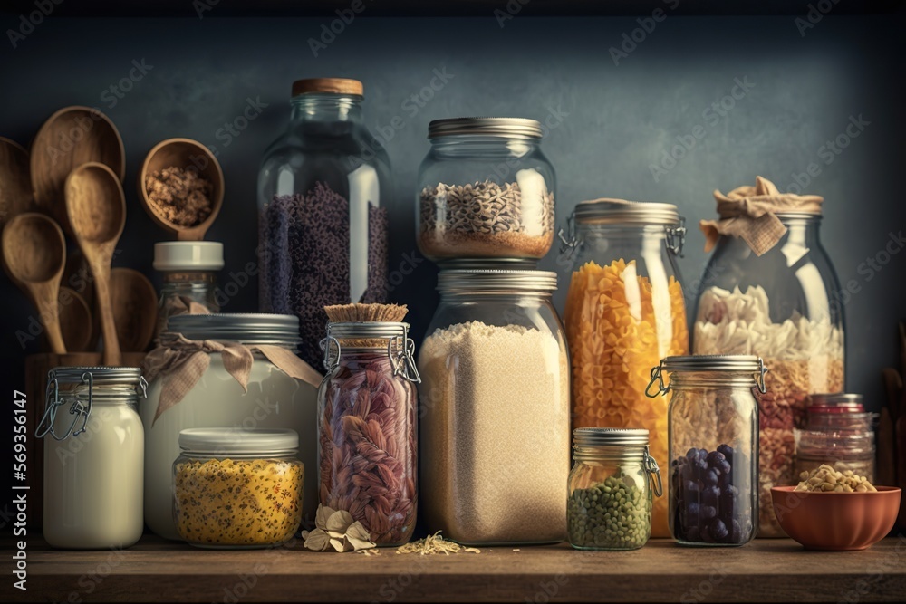 Kitchen jars filled with bulk foods and products reducing packaging ...