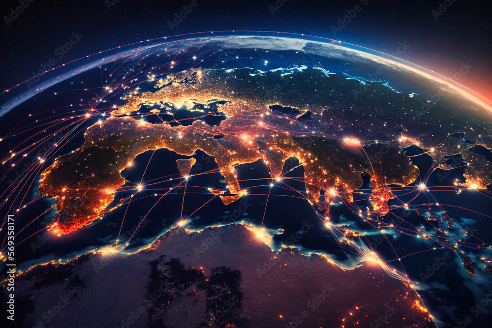Planet Earth, city lights and worldwide network growing data, glowing ...