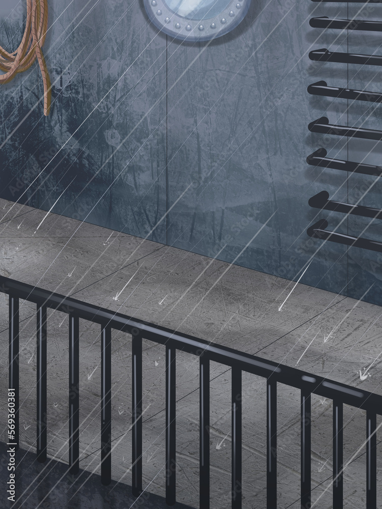 Rainy Cargo Ship Carrier Boat Corridor Railing Background Illustration ...