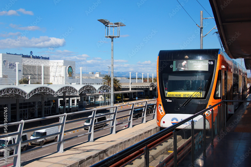 Antalya, Turkey - February 7, 2023: Hyundai Rotem tram arriving at the ...