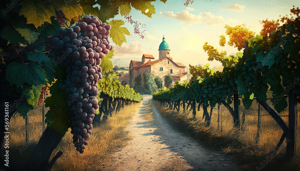 bunch of grapes in orchard with walking way in vineyard and farmhouse ...