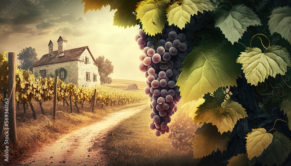 bunch of grapes in orchard with walking way in vineyard and farmhouse ...