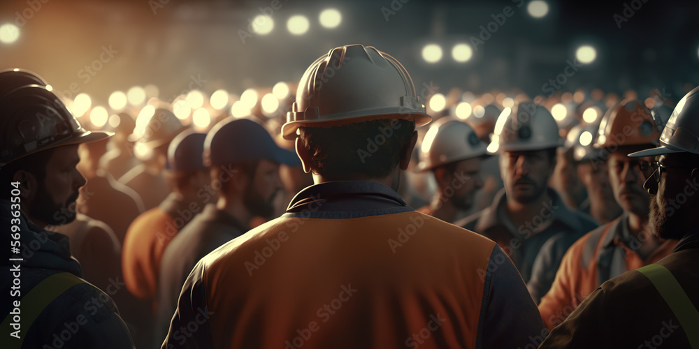 Mine workers meeting inside the mine wearing safety gear and hard ...