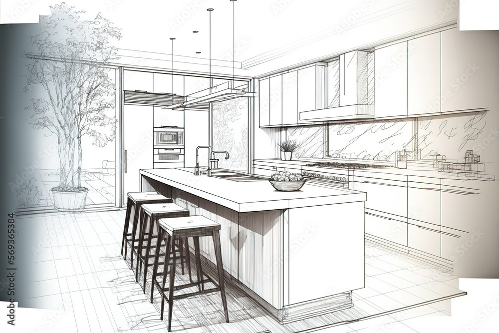 Concept drawing of a contemporary kitchen with an island. Generative AI ...