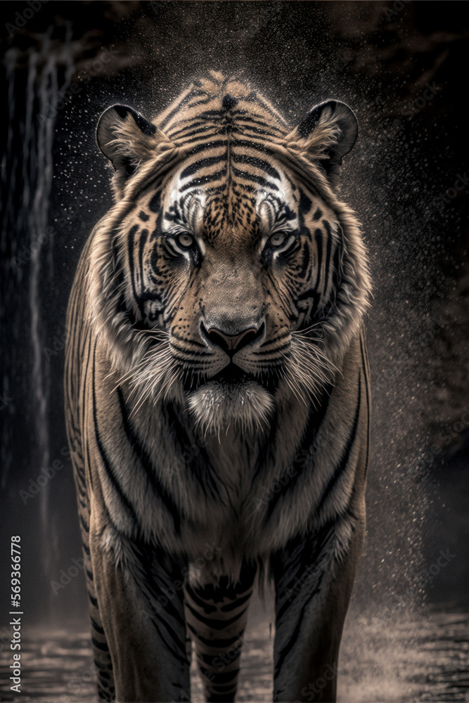 Tiger in front of waterfall with water falling like rain. High quality ...