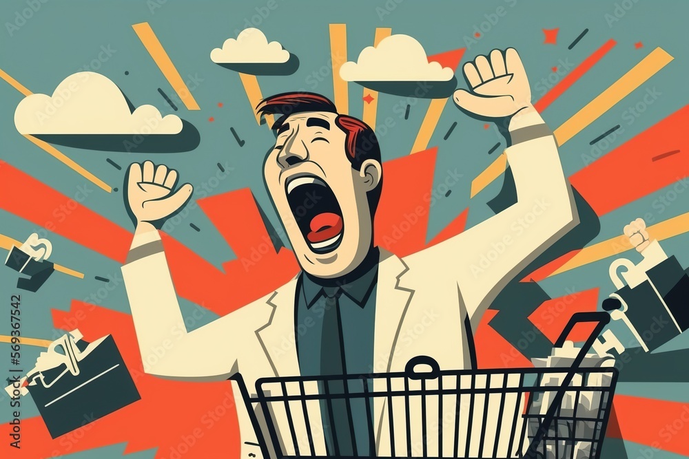 Customer clapping and cheering with shopping cart overflowing with ...