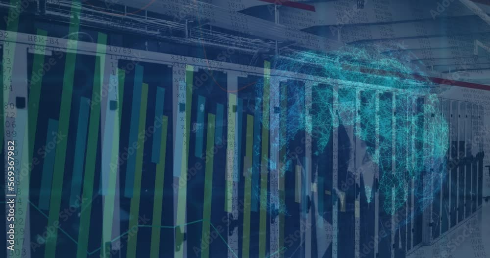 Animation of spinning globe and statistical data processing against computer server room Stock ...