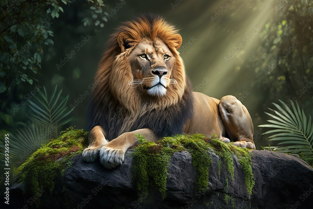 Majestic lion sits on rock surrounded by green trees, concept of ...