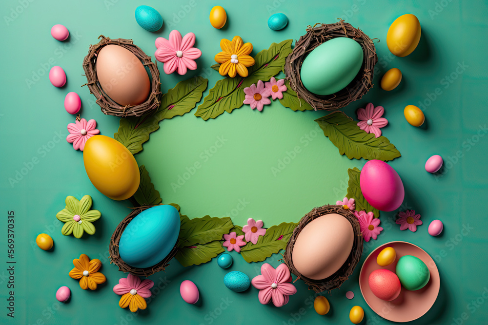 Mockup frame with spring and eggs decorations for easter celebration in ...