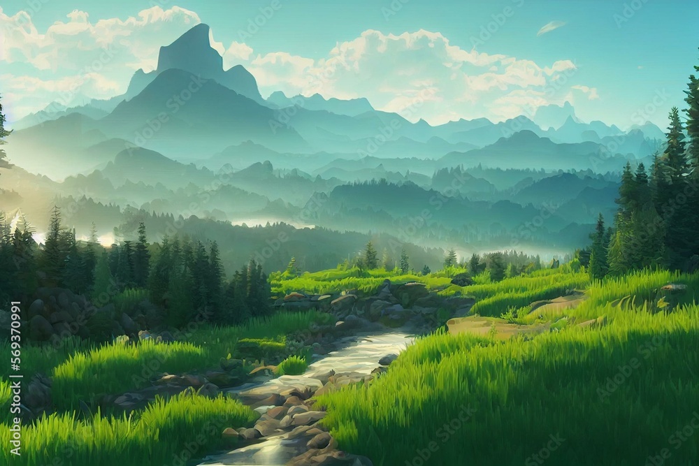 Stunning mountain scenery, 2D nature parallax backdrop. spruce trees, a ...