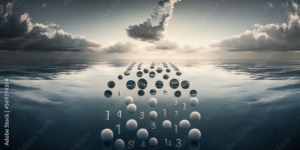Points and number floating in the calm ocean with horizon, concept of ...