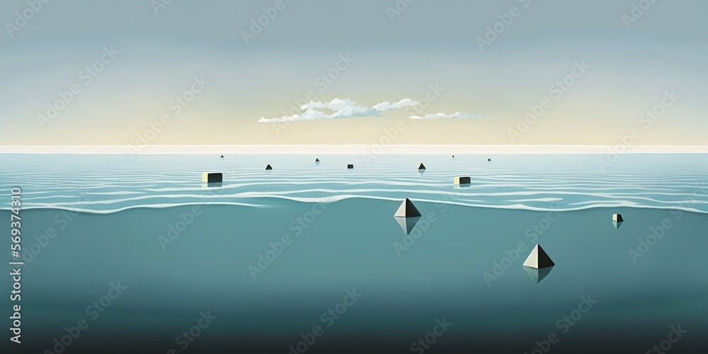 Points and number floating in the calm ocean with horizon, concept of ...
